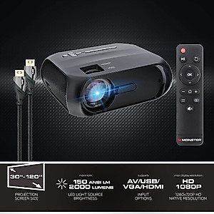 Monster Image Pro Extra-Bright LCD Projector, 2000 Lumens, Projects Up to 16ft, Max Resolution: 1080 HD, Universal Image/Audio/Video Support, AV/USB/HDMI/SD Input