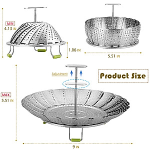 Vegetable Steamer Basket, Stainless Steel Folding Steamer, Insert for Veggie Fish Seafood Cooking, Expandable to Fit Various Size Pot(5.1" to 9")