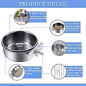 HERCOCCI Bird Feeder Dish Cup, Stainless Steel Parrot Food Bowl Feeding Coop Cups Clamp Holder, Bird Water Cage Bowl for Parakeet Lovebird Conure Cockatiel Budgie Chinchilla (4 Pieces)
