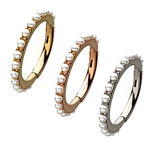 Pierced Owl 16G Stainless Steel Synthetic Pearl Lined Helix Cartilage Daith Septum Hinged Segment Ring (Silver Tone)