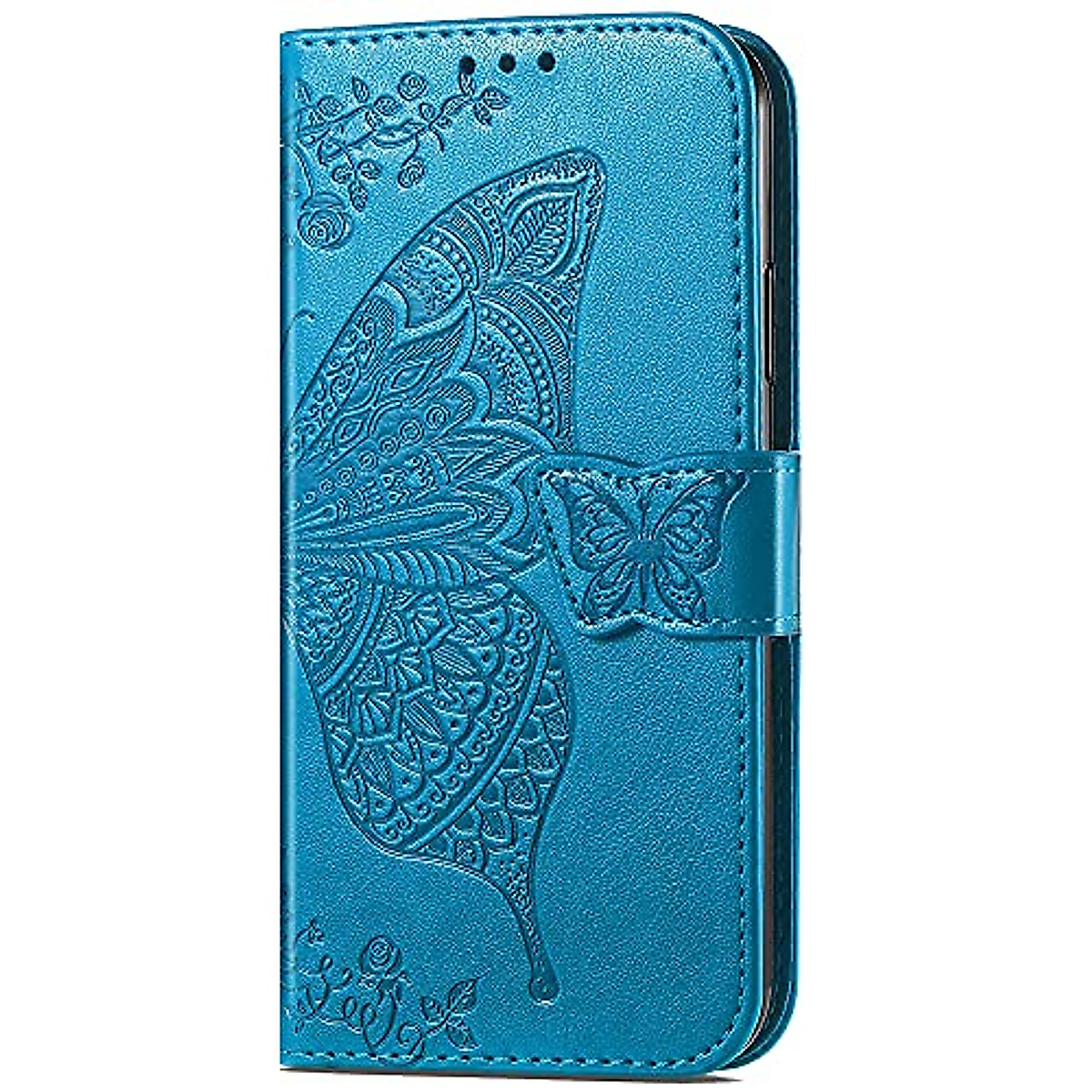 NW Ysnzaq Samsung Galaxy S21 Ultra Crossbody & Lanyard Wallet Case,3D Butterfly Embossed PU Leather Magnetic Clasp Case with Credit Card Slots Holder Cover for HZD Blue