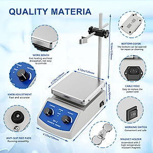 Magnetic Stirrer Hot Plate w/Thermometer, Magnetic Stir Plate w/Stir Bar Retriever, Max.520℉ Hot Plate Stirrer, 100~2000RPM Magnetic Hotplate Stirrer w/Stir Bar n Support Stand