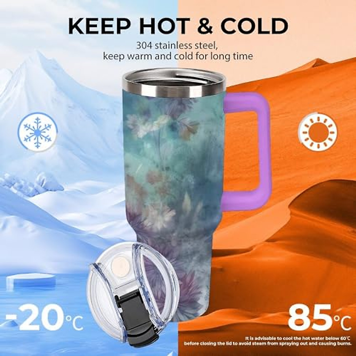 LLUTSNTH 40 Oz Vacuum Tumbler with Violet Handle Leakproof Insulated Tumbler And Green Stainless Steel Travel Mug with Lid And Straw Coffee Cup Cute Water Bottles Cup Holder Friendly