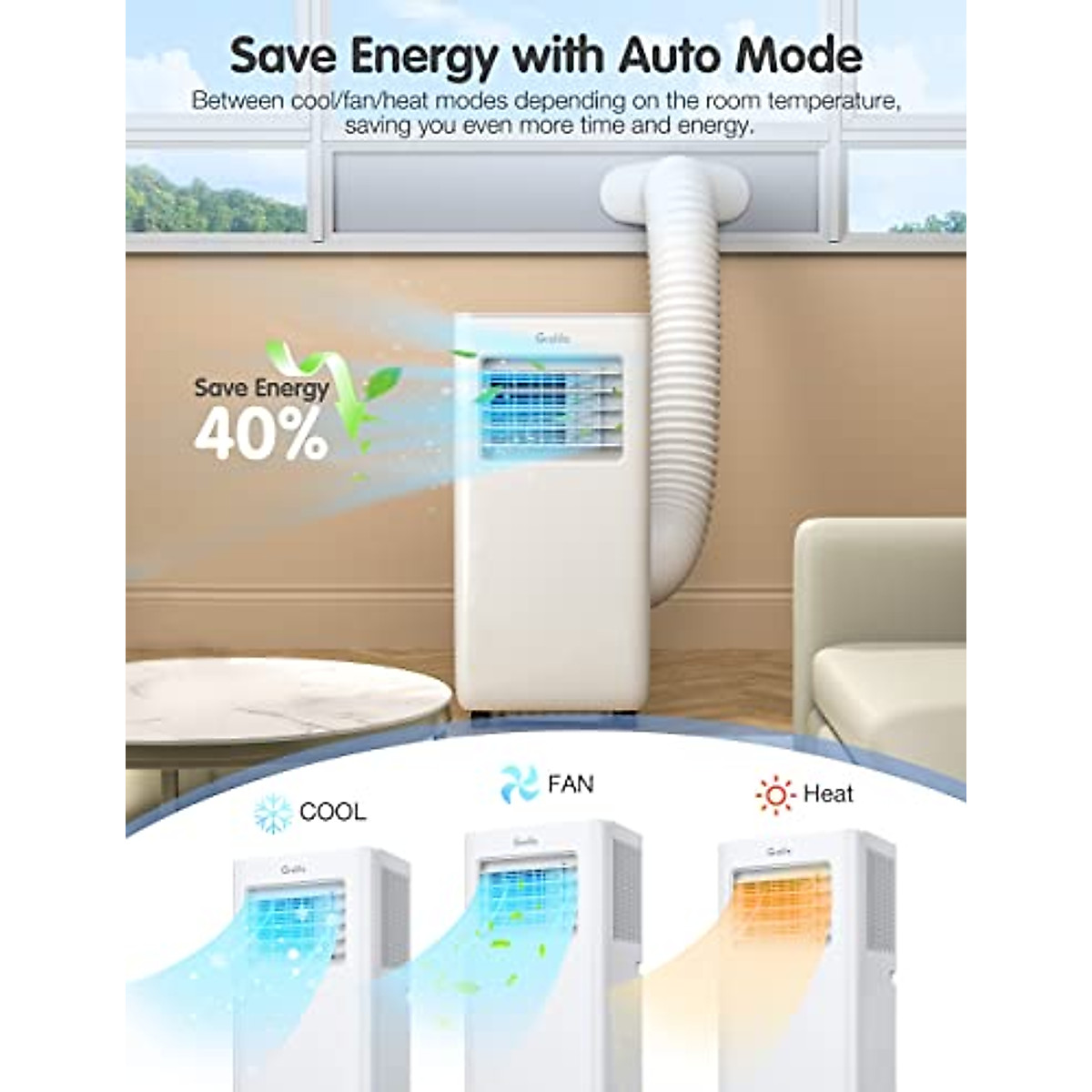 Portable Air Conditioners,Grelife 8000BTU 4-in-1 AC Unit with Fan,Heat&Dehumidifier,Powerful Cooling up to 350 sq.ft,Portable AC with Smart/Sleep Mode,LED Display,Remote Control,48dB Quiet,24H Timer