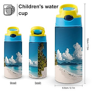 Stainless Steel Water Bottles White Beach Tropical Sea Travel Water Cups with Handle And Silicone Straw Drinking Cup with Leak Proof Lid Thermo Travel Mug for Women Men
