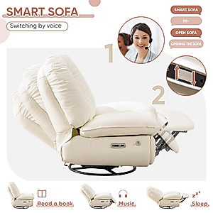 Oversized Electric Recliner Chair, 270 Swivel Rocking Glider Rocker for Adults Modern Ergonomic Lounge Chair Living Room with Phone Stand & Smart Voice Control Theater Seating, Ivory Fuax Leather