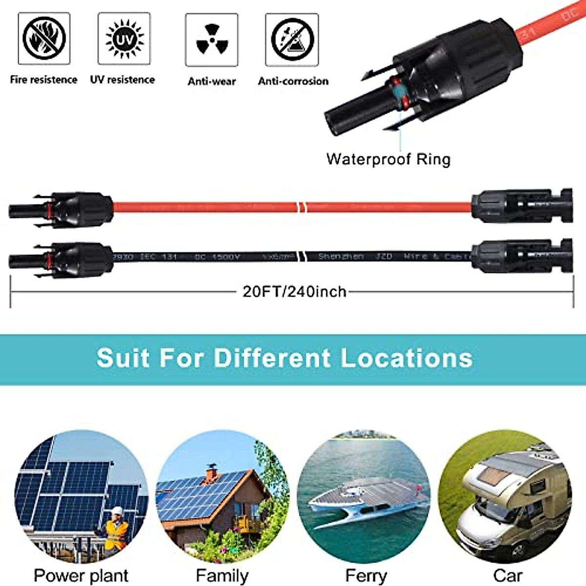 Solar Panel Extension Cable 20FT - 20Feet 10AWG(6mm²) Solar Extension Cable Wire with Female and Male Connector,10Gauge 20FT Black & 20FT Red Solar Panel Wiring for RV Solar Panels, Home, Boat