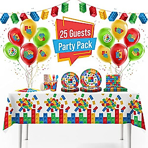 Building Block Birthday Party Supplies Set | Baby Boy Toddler Kids Birthday Brick Decorations – Cups Plates Signs Napkins Balloons Tablecloth Utensils – Decorations for Boys and Girls – Serves 25