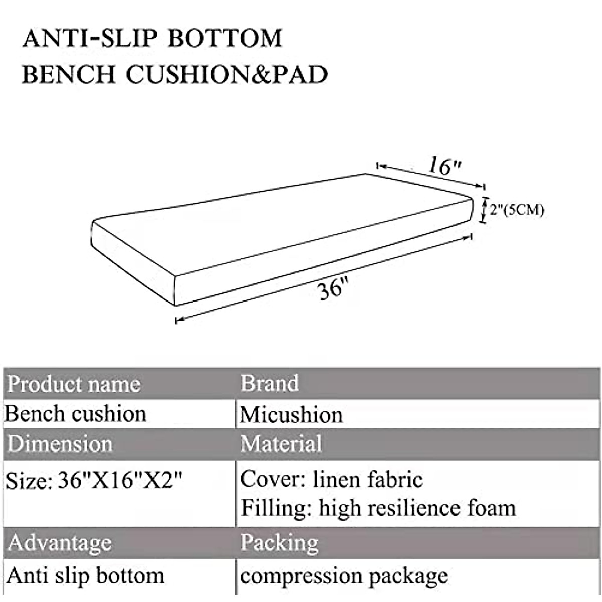 MICUSHION Bench Cushions for Indoor Furniture Non Slip Foam Kitchen Dining Chair Pad Bay Window Seat Cushion with Zipper 36 x 16 inch, Red