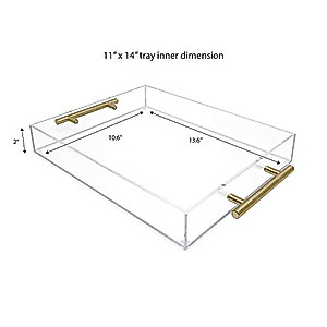 Isaac Jacobs Clear Acrylic Serving Tray (11x14) with Gold Metal Handles, Spill-Proof, Stackable Organizer, Food & Drinks Server, Indoors/Outdoors, Lucite Storage Décor (11x14, Clear with Gold Handle)