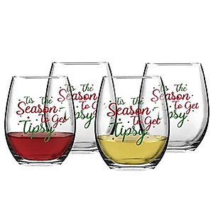 This the Season to Get Tipsy Christmas Stemless Wine Glass, Set of 4 Christmas Wine Glasses, Gift ideas for Christmas Holiday Wedding, Funny Wine Glasses for Women Friends Men family Wino, 15 Oz