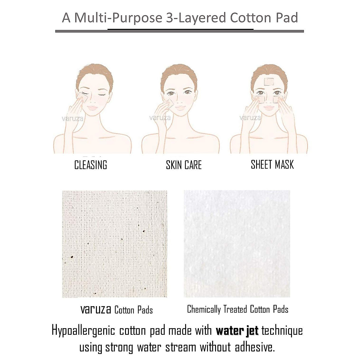 varuza Premium Unbleached 100% Cotton Pads for Face Toner- Lint Free Triple Layers Face Pads for Toner Mask, Nail and Makeup Removal 300 Count