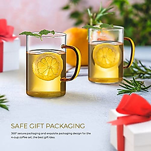 Clear Glass Coffee Mugs Set of 4 – 17 Oz Large Coffee Mugs Ideal for Latte, Cappuccino, Tea – Premium Glass Mugs for Hot Beverages with Colored Handles – Dishwasher and Microwave Safe Latte Mugs