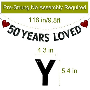 50 YEARS LOVED Banner，Pre-strung，50th Birthday / Wedding Anniversary Party Decorations Supplies，Black Glitter Paper Garlands Backdrops, Letters Black Betteryanzi