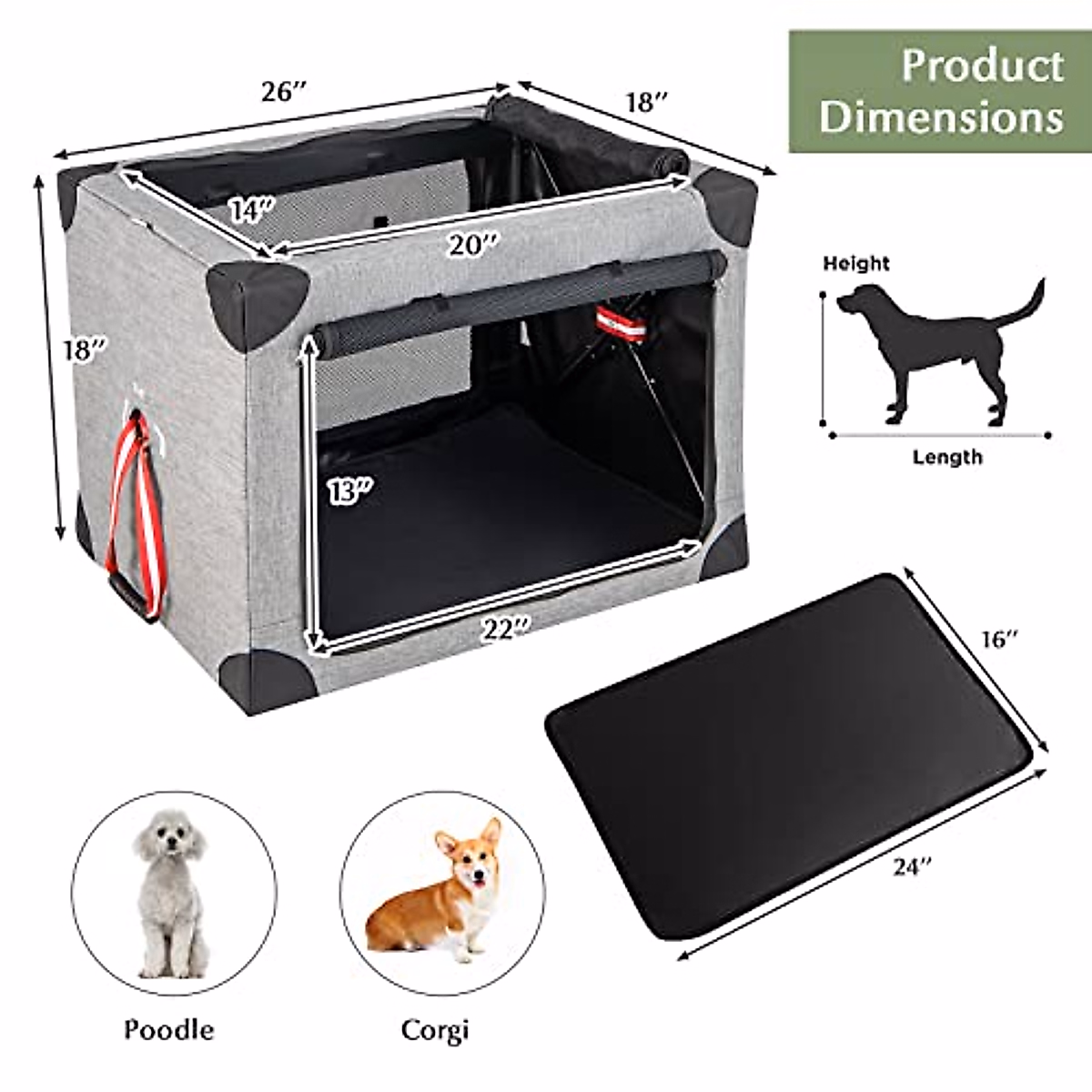 Giantex Folding Dog Soft Crate - Collapsible Pet Carry Case with 3 Mesh Doors, Removable Pad, Metal Frame, Washable Fabric, Portable Dog Kennel for Indoor Outdoor (Medium: 26" L x 18" W x 18" H)