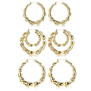 Hanpabum 3 Pairs Bamboo Earrings Large Hoop Earrings Set Gold Tone Round Statement Hip-Hop Earrings For Women (A)