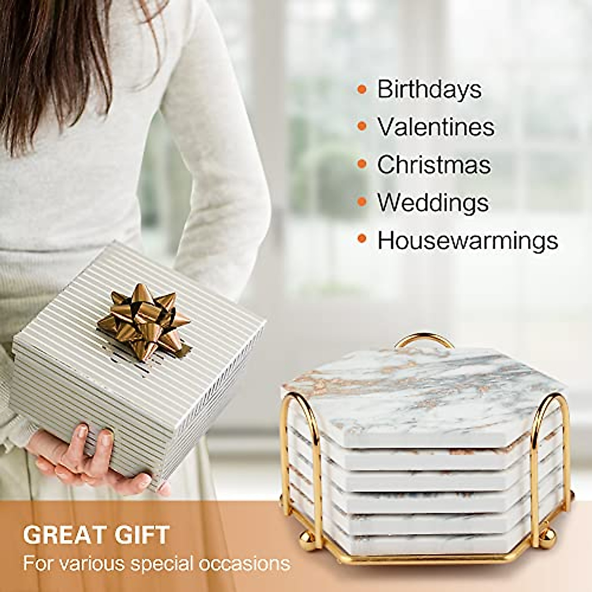 Marble Coasters for Drinks Absorbent with Cork Base, 6 Pcs Drink Coasters for Wooden Table with Metal Holder, Gold Ceramic Cup Coaster Set Rustic Home Decor for Living Room Bar - Housewarming Gifts