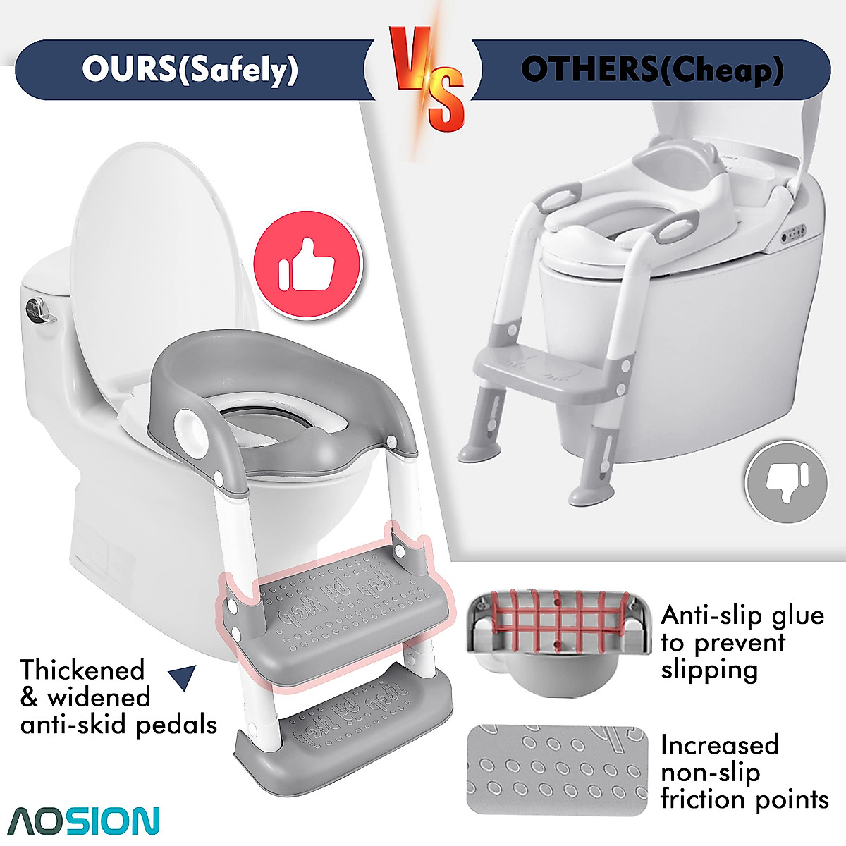 AOSION-Potty Training Seat with Step Stool Ladder, Potty Seat with Ladder for Kids,Adjustable Toddler Toilet Training Seat for Boys and Girls with Non-slip Soft Pads,Safety Handle (Grey)