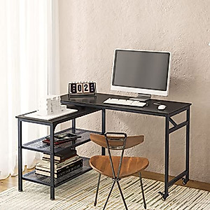 soges Reversible L Shaped Desk, 360° Free Rotating Corner Computer Desk, 47 inch L Desk with Storage Shelves for Home Office, Modern Study Writing Table Workstation, Black
