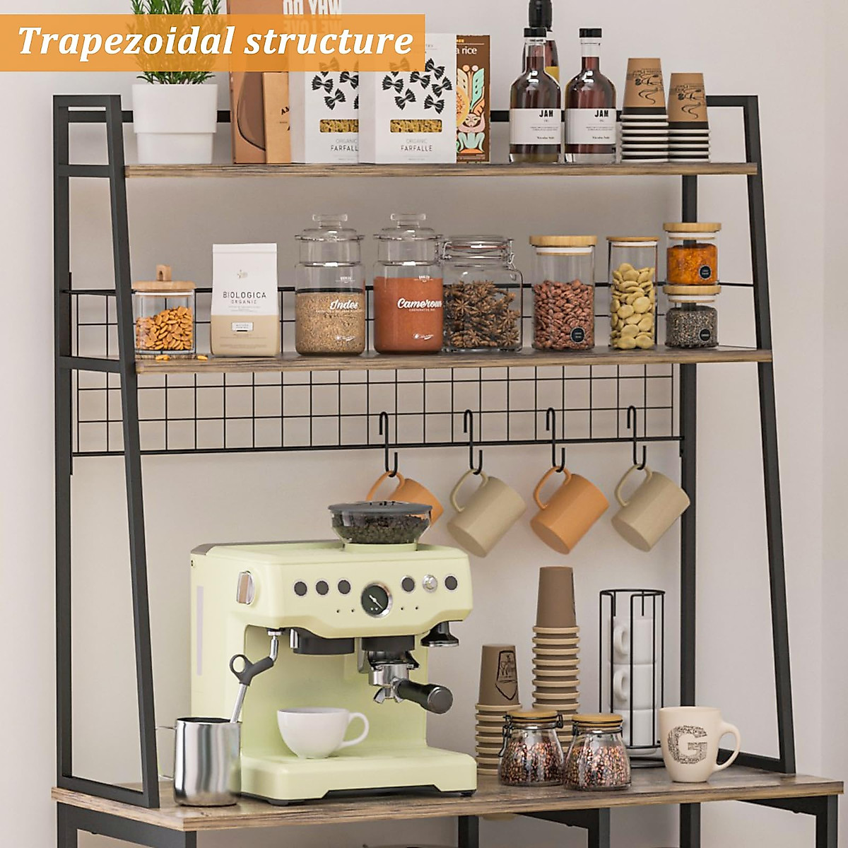 X-cosrack 5-Tier Coffee Bar Rack, Industrial Bakers Rack with Storage Shelves Hooks, Microwave Rack Organizer with Wire Basket Drawer for Kitchen, Coffee Station Pantry, (Rustic Brown)