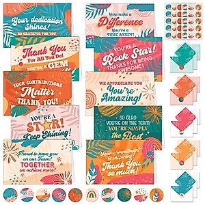 Decorably 50 Pack Employee Appreciation Cards with Envelopes & Stickers, 10 Designs Blank Inside Staff Appreciation Cards, 6x4in Employee Thank You Cards for Employees Appreciation Cards for Coworkers