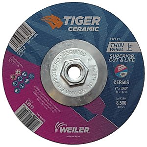 Weiler 58312 7 Inch Cutting Wheel, Tiger Ceramic Stainless Steel Superior Life & Cut Contaminant Free Max Performance Cutting, .060" CER60S Type 27 5/8"-11 Hub, Pack of 10