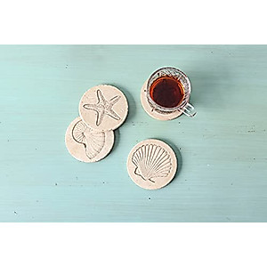 Beach Coasters for Drink Set of 4 Absorbent Nautical Outdoor Housewarming Gifts Marble Style Resin Coasters Cork Base Handmade Starfish Seashell Round Coasters Funny Ocean Sea Summer Theme, 4" x 4"