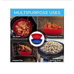 6.7 inch reusable silicone air fryer baskets; heat-resistant simple to clean. Silicone Pot for Air Fryer Oven Accessories, (Blue + Red)