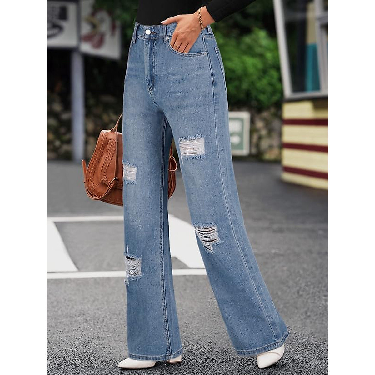 Genleck Womens Ripped Wide Leg Jeans High Waisted Baggy Y2K Distressed Jeans for Women Pants Denim