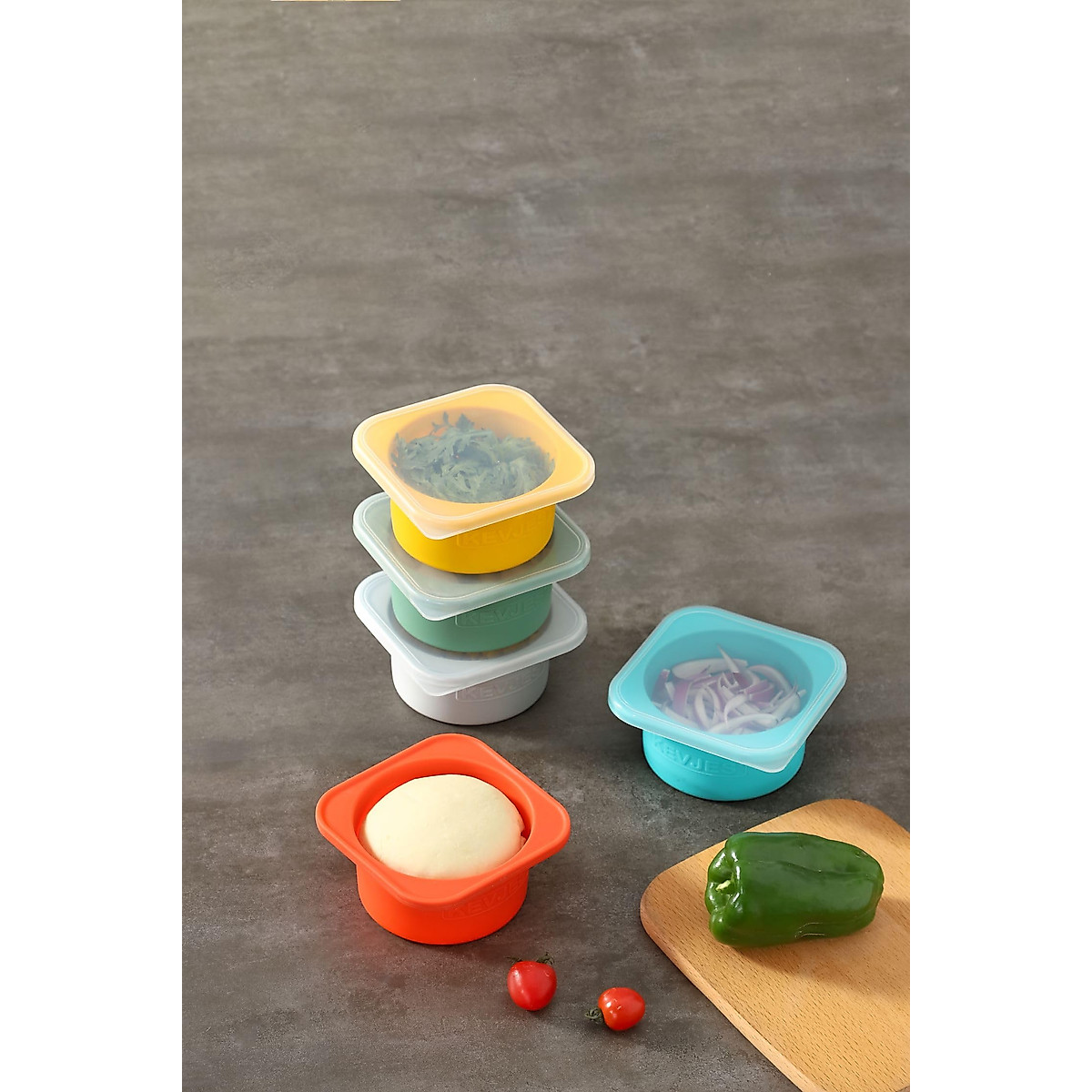 KEVJES Stackable Silicone Pizza Dough Tray with Lids-500ml portion-6pack (2 Green+2 Blue+2 Grey)