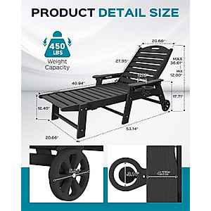 Chaise Lounge Chair Outdoor with Wheels, Double Cup Holders Adjustable 5-Position Chaise Lounge Outdoor with Wood Texture, Patio Lounge Chair for Poolside Backyard, Black
