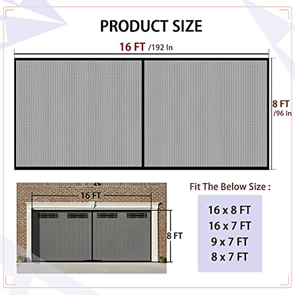 LydeLog Both-Way Magnetic Garage Door Screen, Glass Fiber Screen Cloth Magnetic Type Gravity Automatic Closing Screen, Hands Free Magnetic House Screen with Whole Framework Magic Tape (16 x 7 FT)
