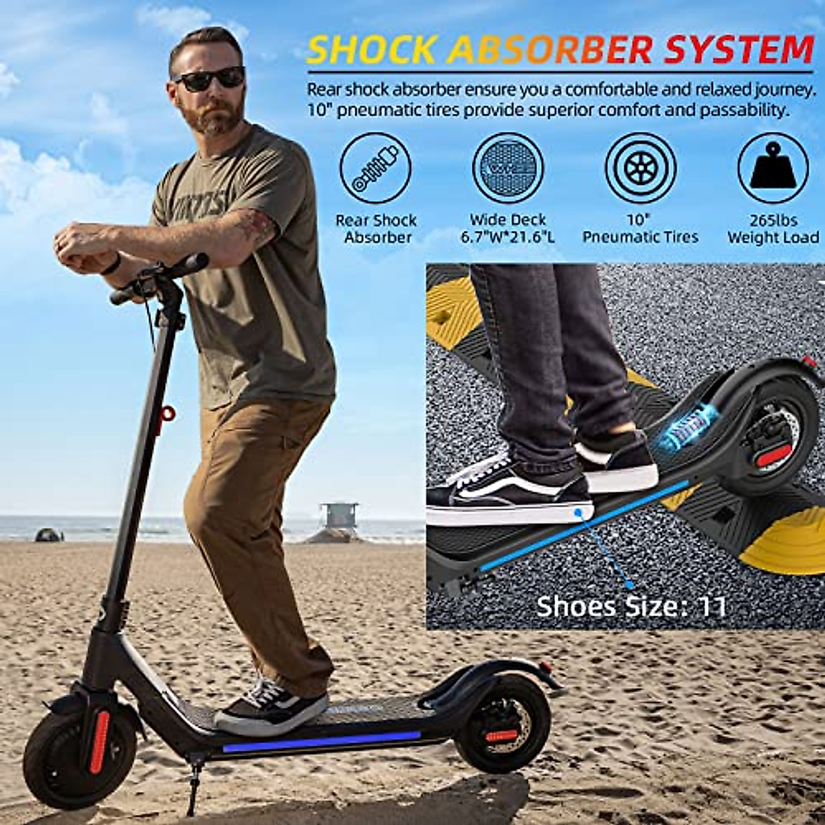 Wheelspeed Electric Scooter, 20-25 Miles & 15 MPH(Pro Ver. 35-40 Miles & 19 MPH) Commuting 350W Motor(Pro Ver. 400W) 10" Pneumatic Tires Foldable E-scooter Adult with Rear Suspension