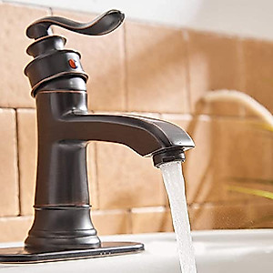 Bathfinesse Oil Rubbed Bronze Bathroom Faucet Single Handle Single Hole Farmhouse Stream Bathroom Sink Faucets & Parts with Pop Up Drain Assembly Vanity Supply Hose Lead-Free