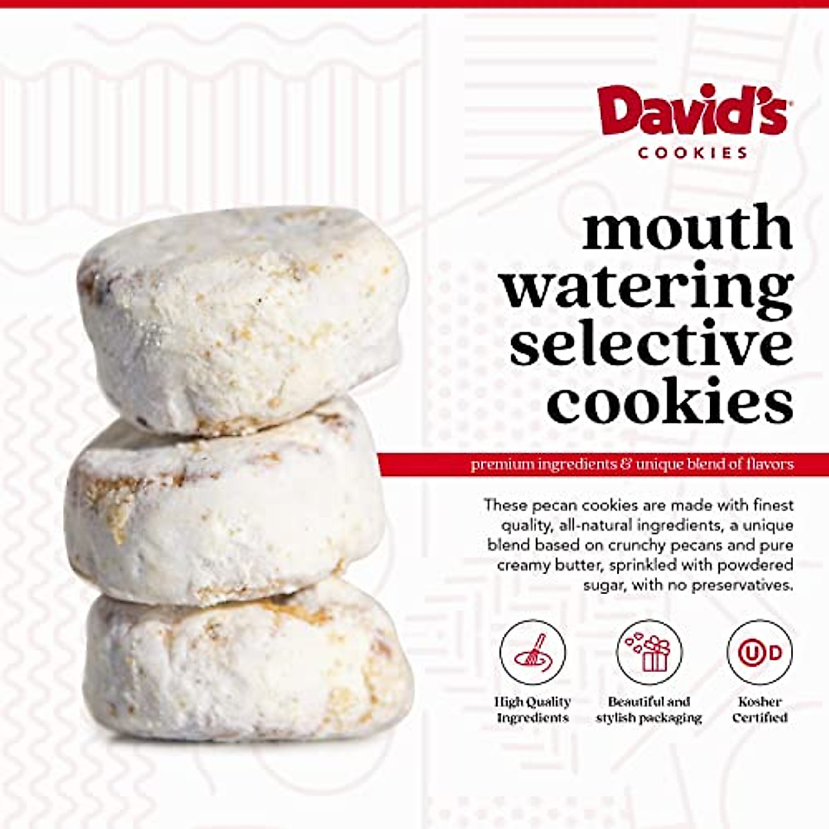 David's Cookies Gourmet Butter Pecan Meltaway with Crunchy Pecans and Powdered Sugar, All-Natural Ingredients, Kosher, Ideal Present for Special Occasions, 32 Fl Oz, Pack of 2