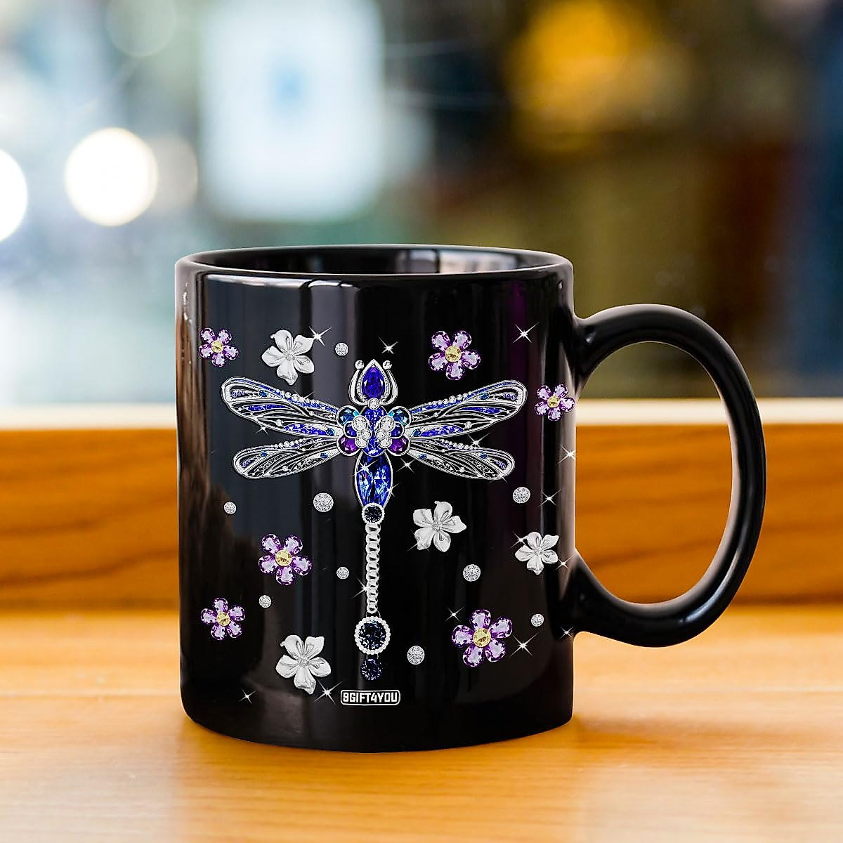 Black Ceramic Coffee Mug Photo Mugs Personalized Picture Dragonfly Custom Name Birthday Gifts For Women Friends Mom Novelty Cup Table Desk Accessories Jewelry Style 11 and 15 Oz