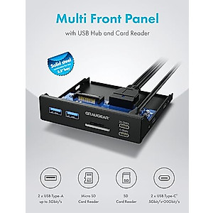 GRAUGEAR 3.5 Inch Front Panel USB C Hub, SD/microSD Internal Card Reader, 20Gbps USB 3.2 Gen 2x2, 20-pin Type-E Key-A Header & USB3.0 Header & 15-Pin SATA Power Connector Required [G-MP01CR]