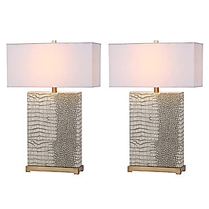 SAFAVIEH Lighting Collection Joyce Modern Art Deco Cream Faux Snakeskin Rectangle Shade 28-inch Bedroom Living Room Home Office Desk Nightstand Table Lamp Set of 2 (LED Bulbs Included)