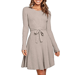 ANRABESS Women's Long Sleeve Midi Dress Crewneck Tie Waist A-Line Swing Casual Bodycon Ribbed Knit 2025 Fall Sweater Dress red Apricot Medium