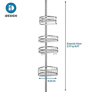 iDesign York Metal Wire Tension Rod Corner Shower Caddy, Adjustable 5'-9' Pole and Baskets for Shampoo, Conditioner, Soap with Hooks for Razors, Towels, Silver
