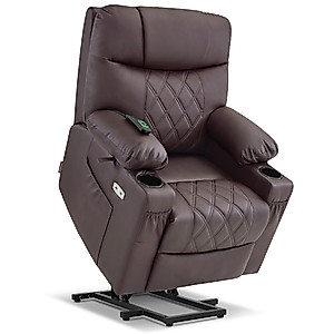 MCombo Small Size Power Lift Recliner Chair Sofa with Massage and Dual Heating, Adjustable Headrest for Elderly People Petite, USB Ports, Faux Leather 7111 (Dark Coffee)