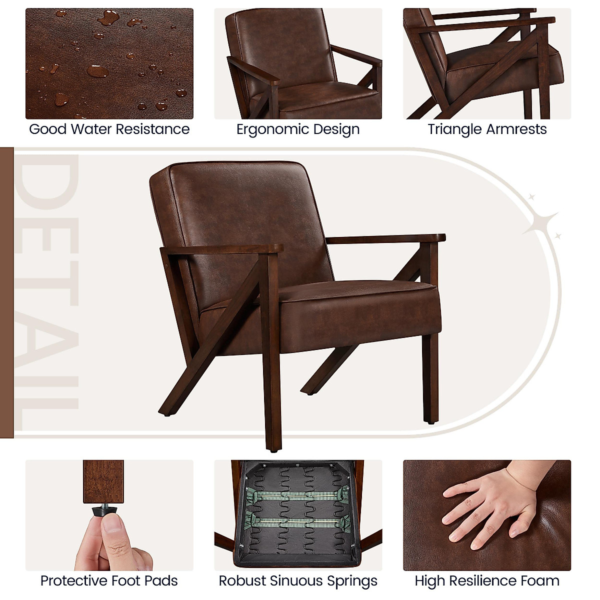 Yaheetech Accent Chair, Armchair with Strong Wood Frame, PU Leather Modern Retro Lounge Chair for Living Room/Lounge/Office/Reception Area, Dark Brown