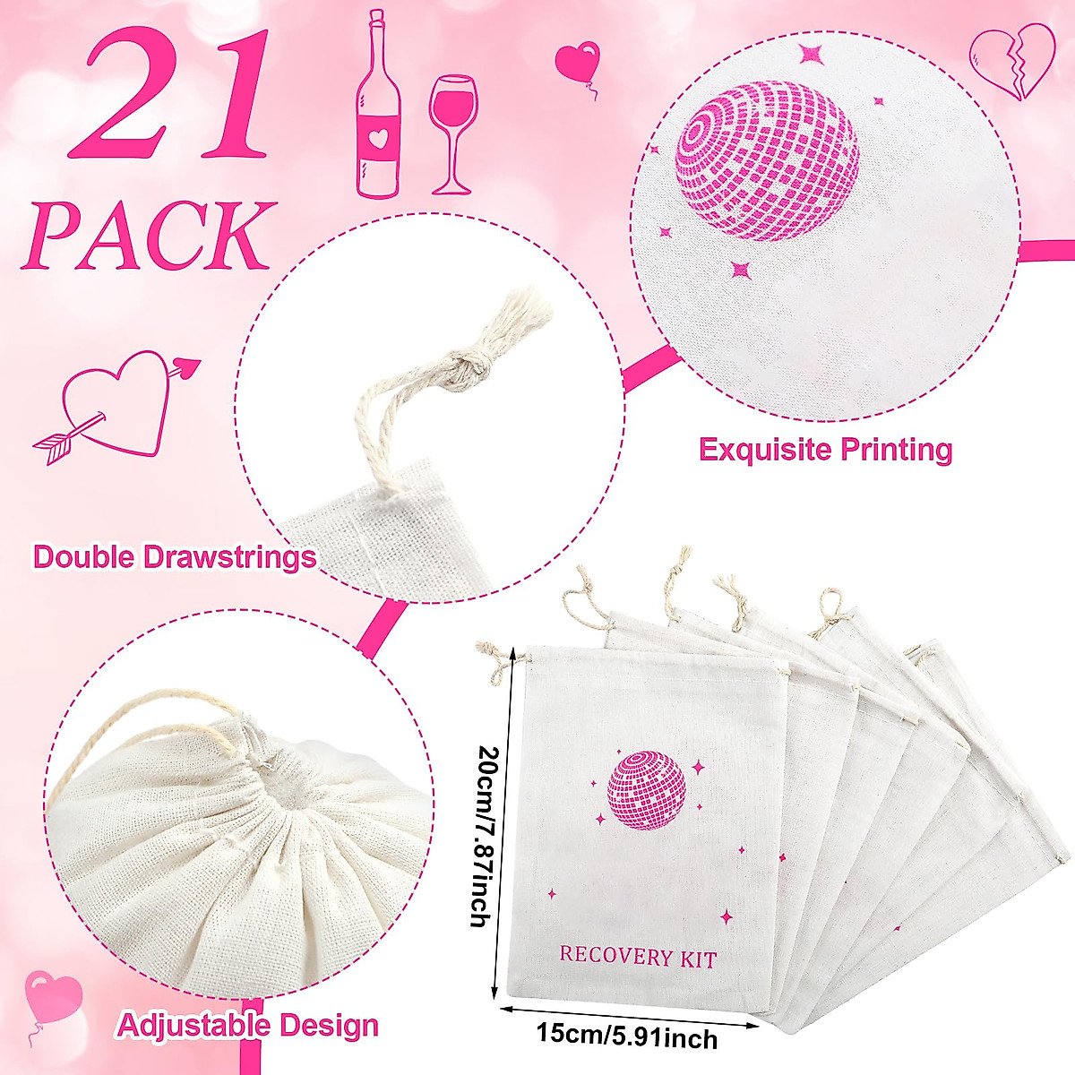 Clysee 21 Pcs Hangover Gift Bags Bulk 5.91'' x 7.87'' Bachelor Party Favors Cotton Drawstring Kit Bag for Wedding Bridal Shower Hangover Survival Recovery Guest Bridesmaid Bachelorette Party Supplies