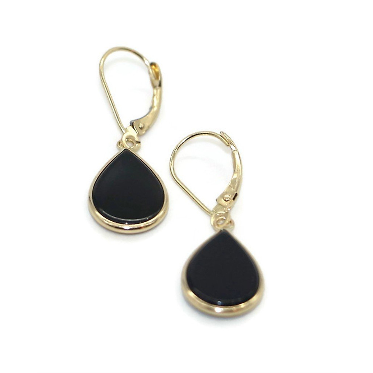 Onyx Black Pear Hanging Earrings set in 14K Yellow Gold,Leverbacks