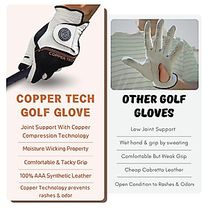 Copper Tech Men's Golf Gloves (2 Pack) - Crafted with 100% AAA Synthetic Leather - Advanced Copper Compression Golf Glove for Optimal Wrist and Joint Support (White/Black, Med - Large, Left)