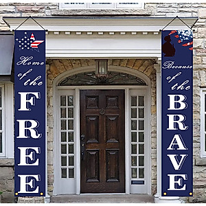 NUOGIC American Flag Patriotic Soldier Porch Sign Banners -“HOME of the FREE” and “Because of the BRAVE”- Hanging Banner for 4th of July Decor/ Independence Day/ Memorial Day/ Veterans Day/ Labor Day