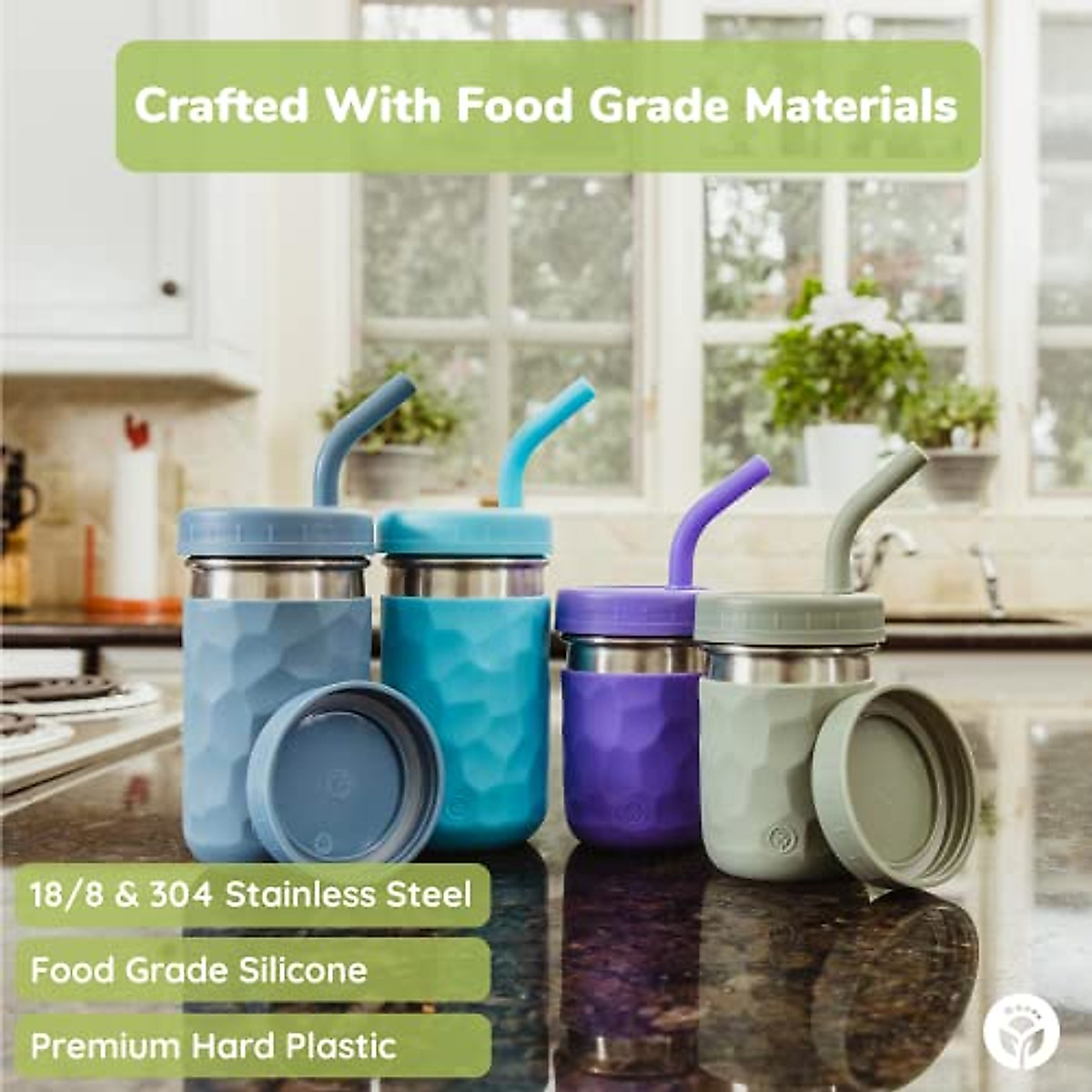 WeeSprout 2-in-1 Drinking Cups for Kids, Durable 304 Stainless Steel Cups, Silicone Straws with Straw Stoppers, Premium Hard Plastic Twist Lids, Easy-Grip Sleeves, Set of 4 Dishwasher Safe Kid Cups