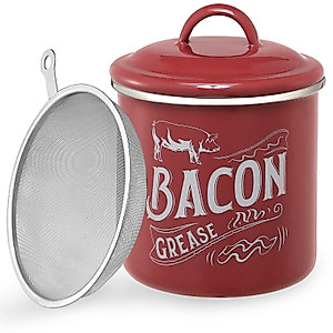 [ Larger Capacity ] Bacon Grease Container with Fine Strainer and Lid - 38 OZ Enamel Bacon Grease Keeper Oil Can for Bacon Fat Dripping - Farmhouse or Kitchen Gift & Decor, Bacon Cooker Accessories