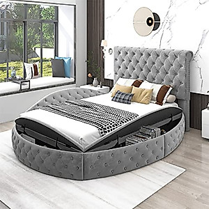 Round Upholstered Full Beds with Storage Modern Velvet Platform Bed with Deep Button Tufting Headboard and Footboard Tufted Bed with Storage Compartments in Rails and Ottoman, Gray