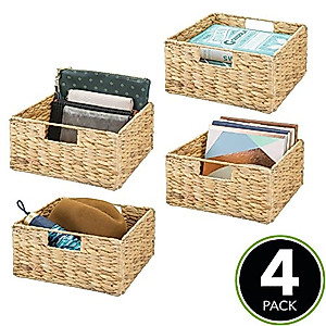 mDesign Woven Hyacinth Storage Bin Basket Organizer with Handles for Organizing Closet, Laundry, Home Office, Nursery, Kitchen, Bathroom Shelf - Holds Towels, Blankets, Books, 4 Pack - Natural/Tan